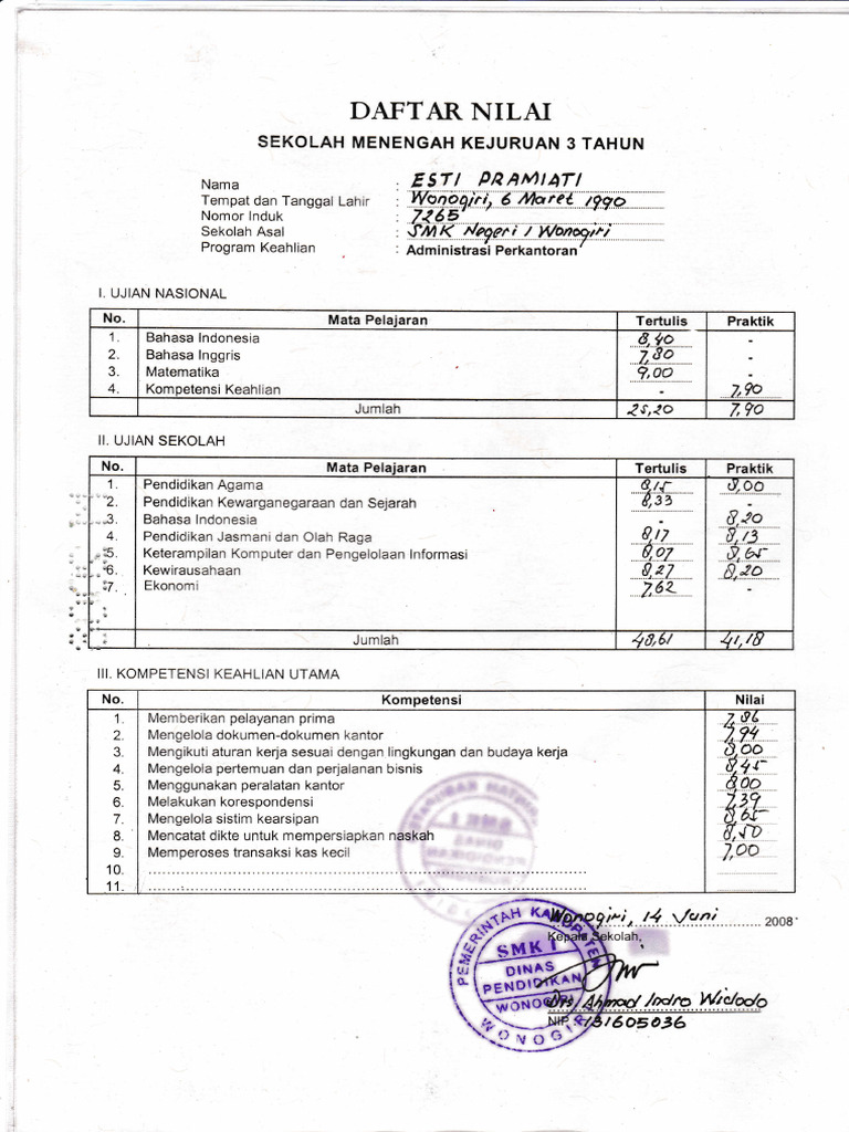 Transkrip Nilai SMK | PDF