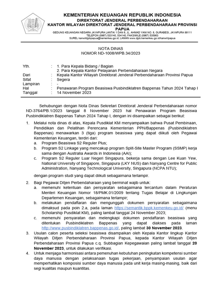 Penawaran Program Beasiswa Pusbindiklatren Bappenas Tahun 2024 Tahap I | PDF