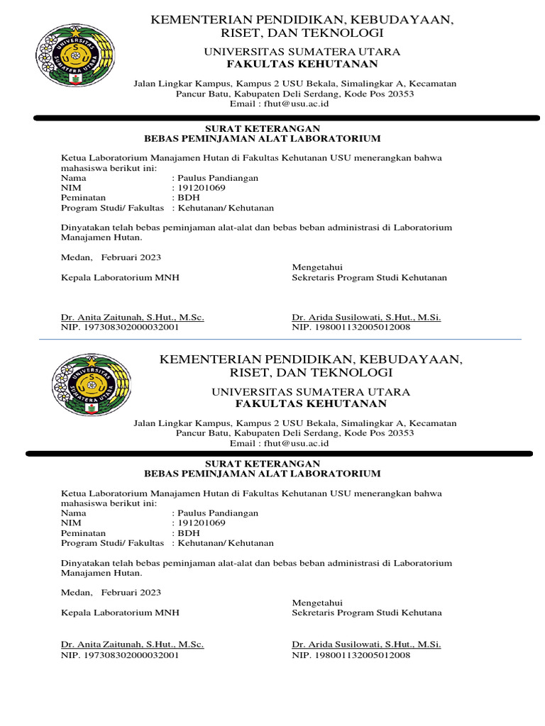 Surat Bebas Pinjam Alat Lab USU | PDF