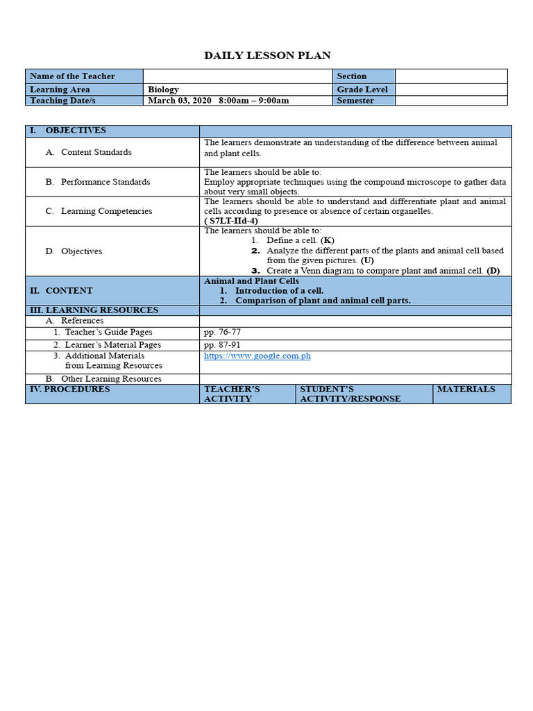 Daily Lesson Plan-Biology Grade 8 | PDF | Cell (Biology) | Mitochondrion