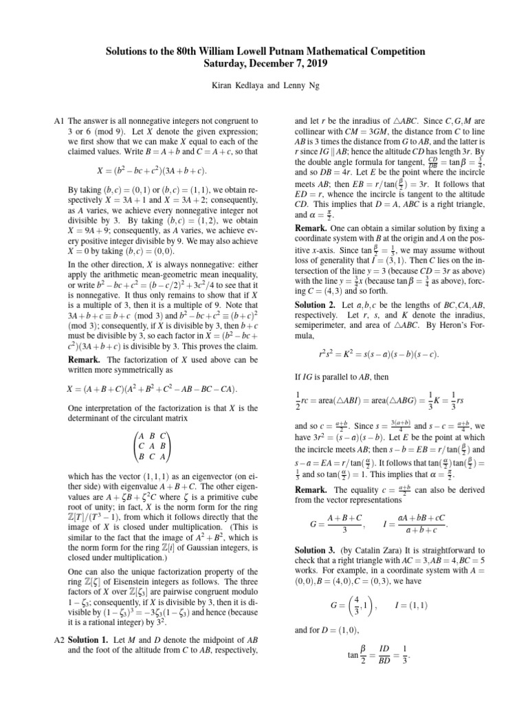 Putnam Competition Saturday, 2019 ANS | PDF | Algebra | Euclidean Geometry