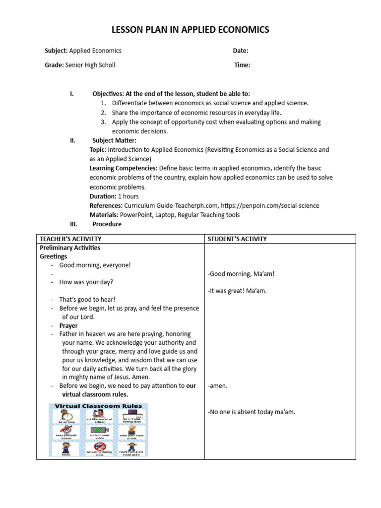Introduction in Applied Economics Lesson Plan | PDF | Economics ...