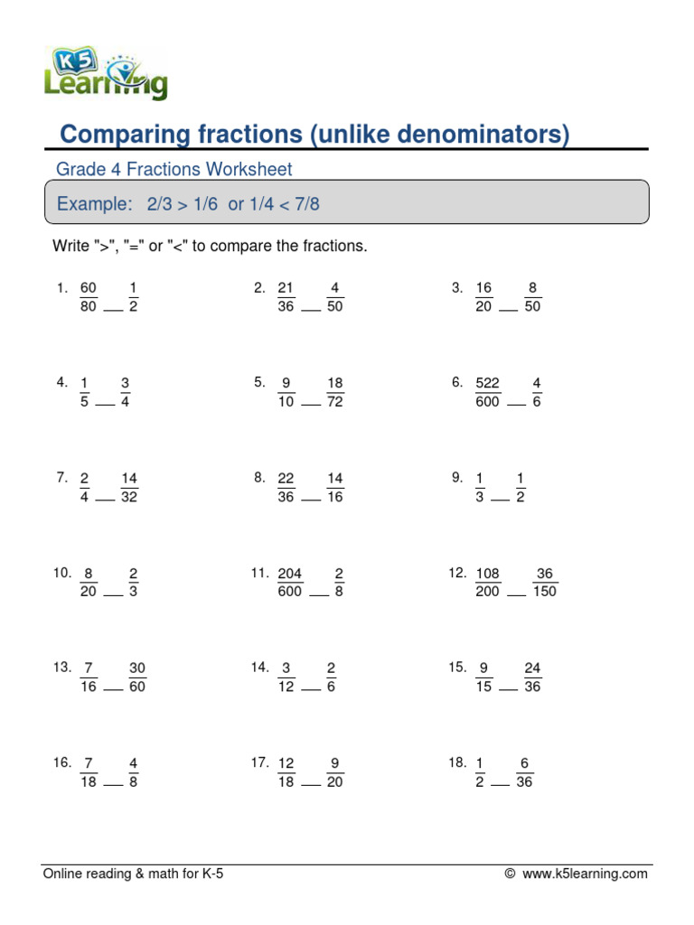 Grade 4 Comparing Fractions Unlike Denominators A | Download Free PDF ...
