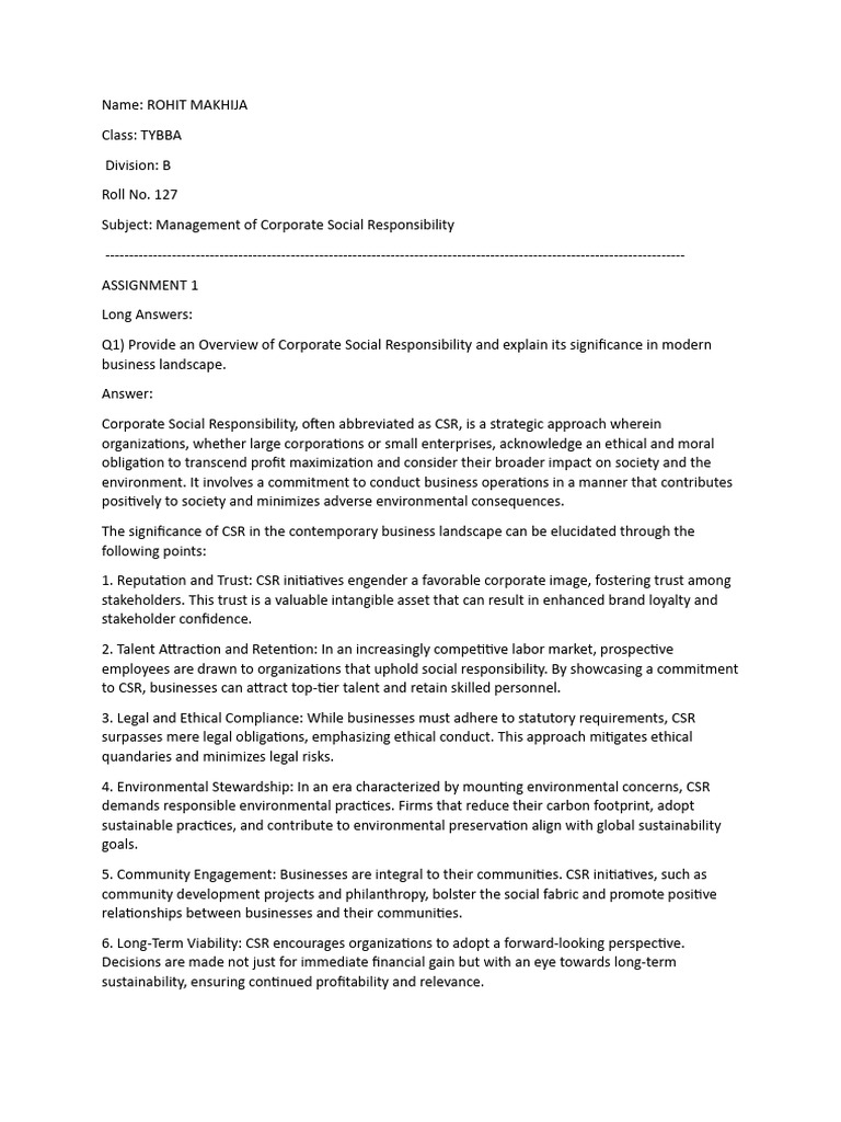 CSR Assignment | PDF | Corporate Social Responsibility | Sustainability