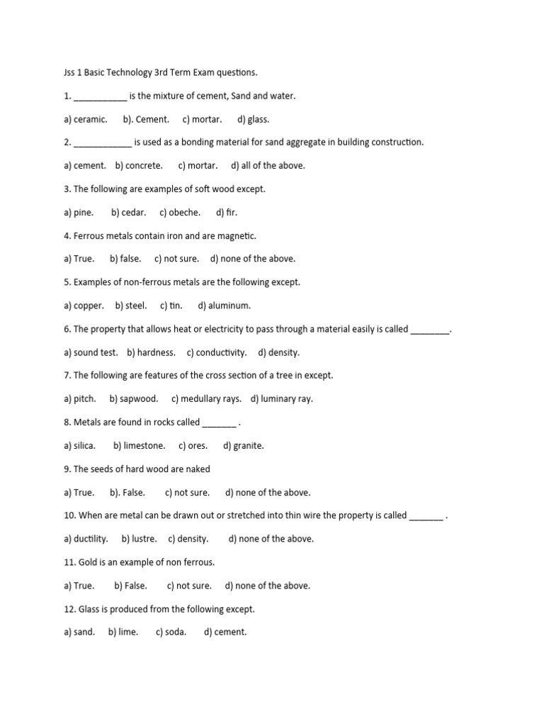 Jss 1 Basic Tech 3rd Term | PDF | Concrete | Metals