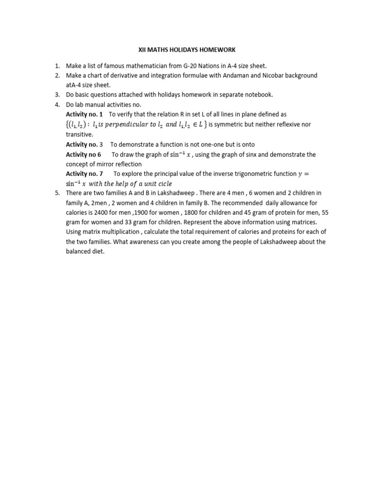 Xii Maths Holidays Homework Pdf