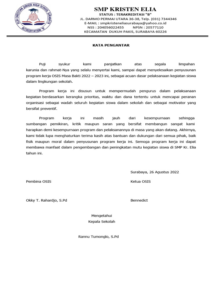 Program Kerja Osis SMP Elia 2022 | PDF