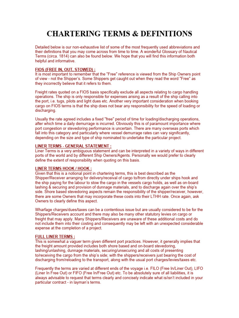 Chartering Terms and Definitions Guide | PDF | Cargo | Ships
