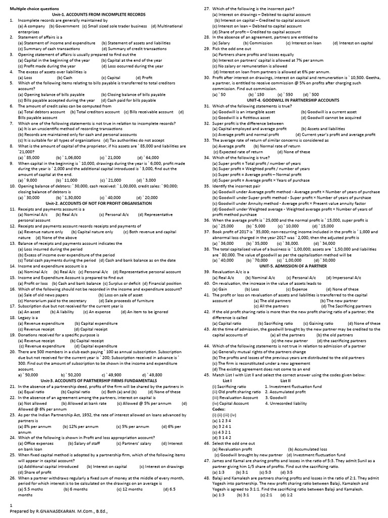 12th ACCOUNTS One Marks | PDF | Expense | Goodwill (Accounting)