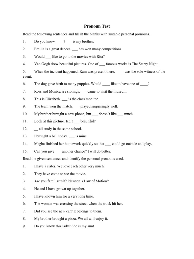 Pronoun Test For Grade 5 | PDF