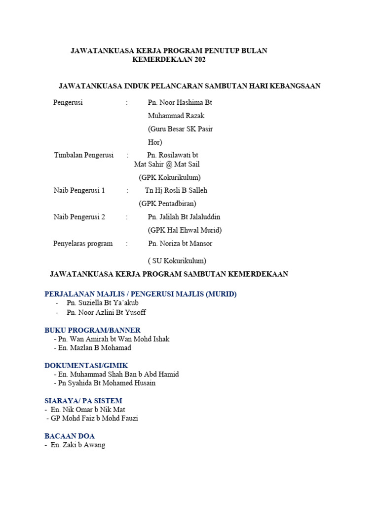 Jawatankuasa Kerja Program Penutup Bulan Kemerdekaan 2023 | PDF