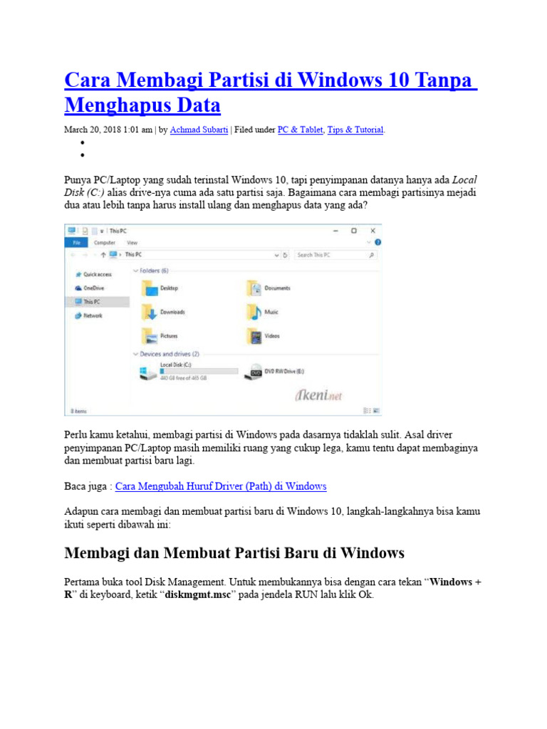 Cara Membagi Partisi Di Windows 10 Tanpa Menghapus Data | PDF