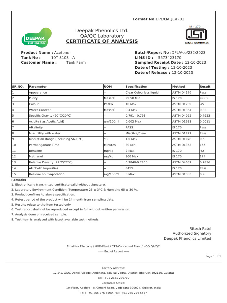 Acetone - Deepak Phenolics | PDF | Chemistry | Physical Sciences