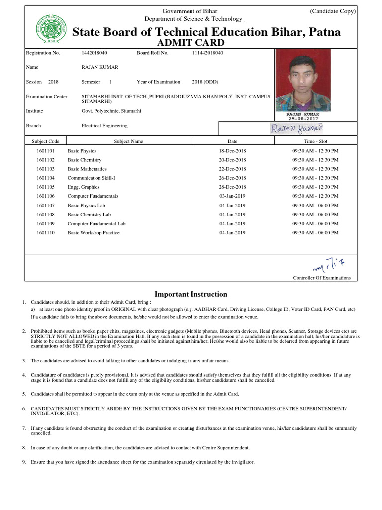 State Board of Technical Education Bihar, Patna: Admit Card | PDF | Computing