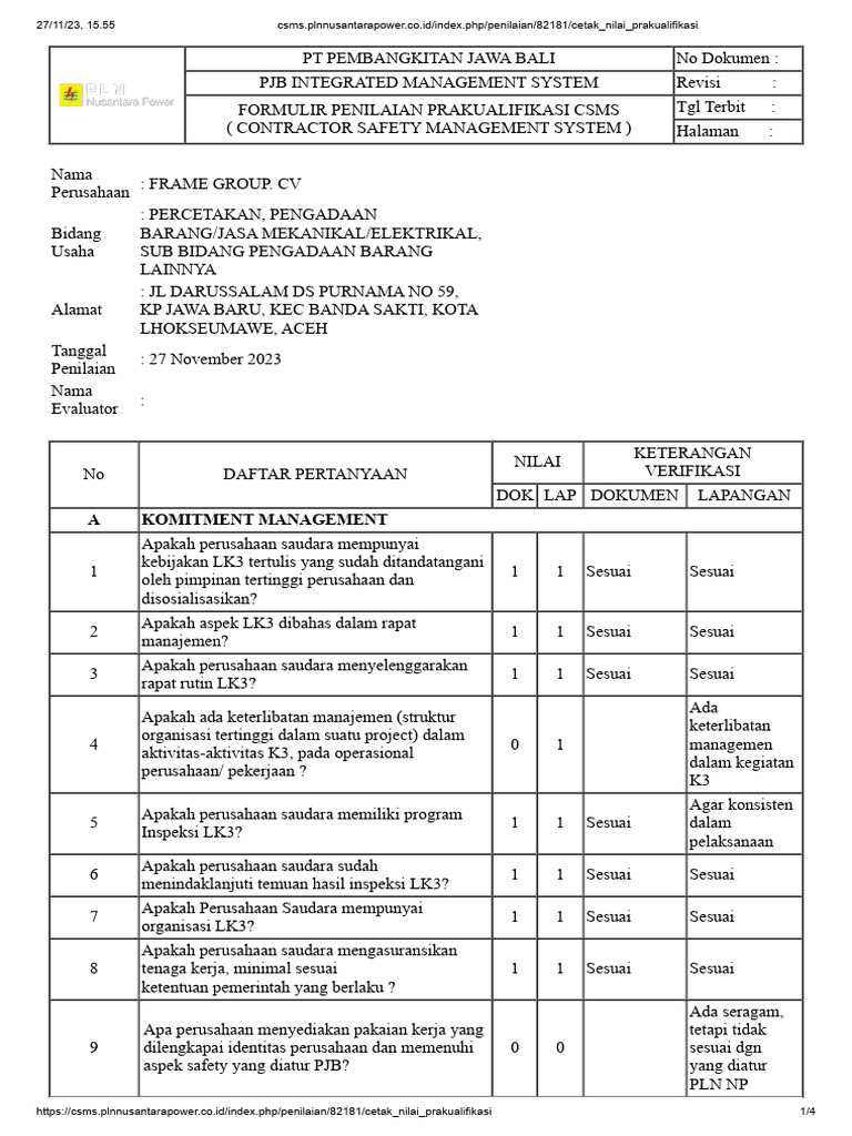 Contoh Csms Plnnusantarapower - Co.id - Index - PHP - Penilaian - 82181 ...