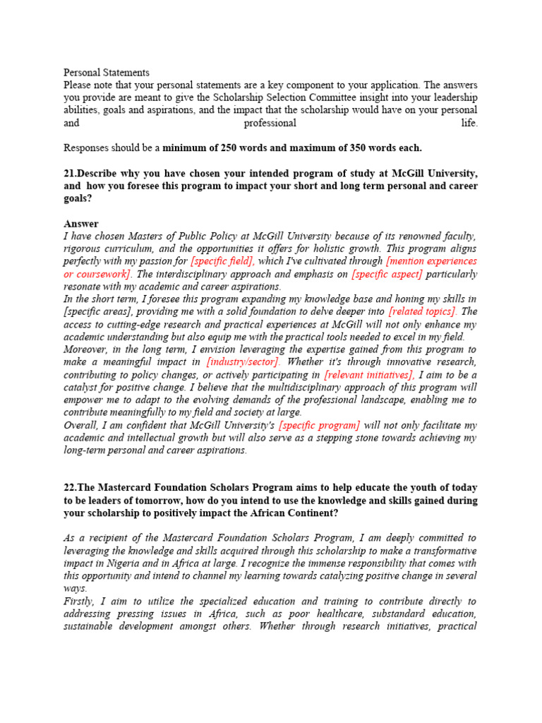 McGill Personal Statement Guidelines | PDF | Leadership | Mentorship