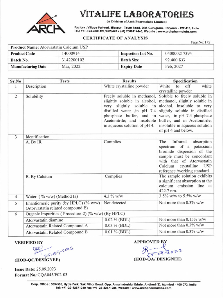 Atorvastatin Calcium USP B.no 3142200102 COA | Download Free PDF ...
