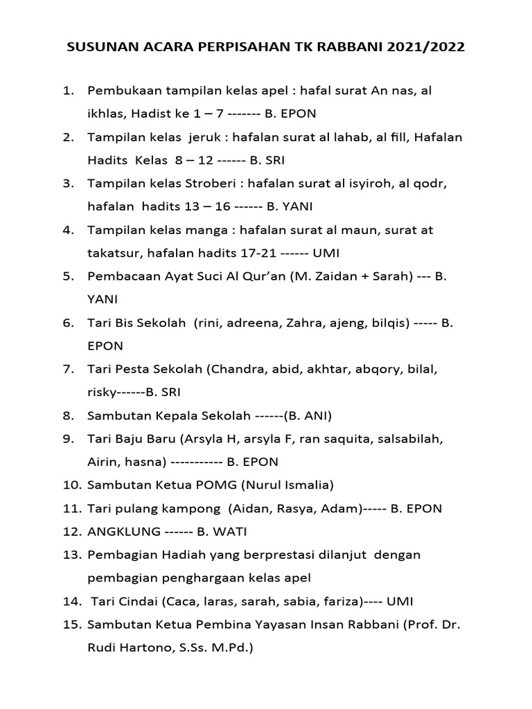 Acara Perpisahan TK Rabbani | PDF