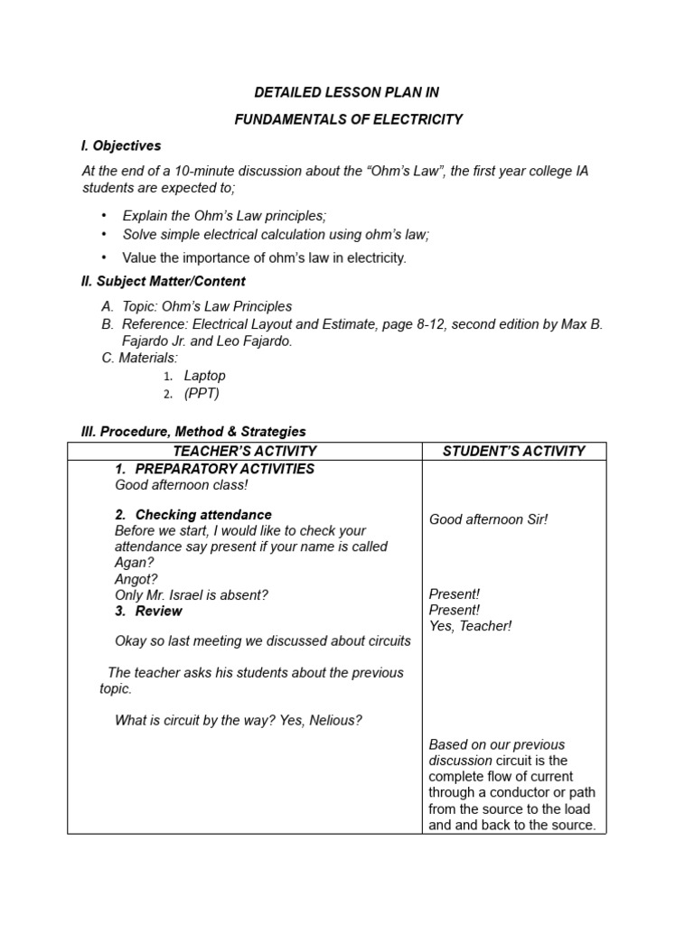 Detailed Lesson Plan in Fundamentals of Electricity ANTIVO | PDF ...