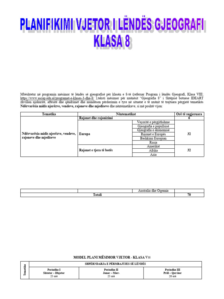 GJEOGRAFIA 8 Plani Mësimor Vjetor 1 | PDF