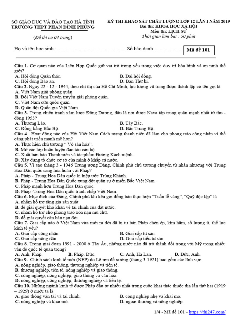 De Thi KSCL Lich Su 12 Lan 1 Nam 2019 Truong Phan Dinh Phung Ha Tinh | PDF