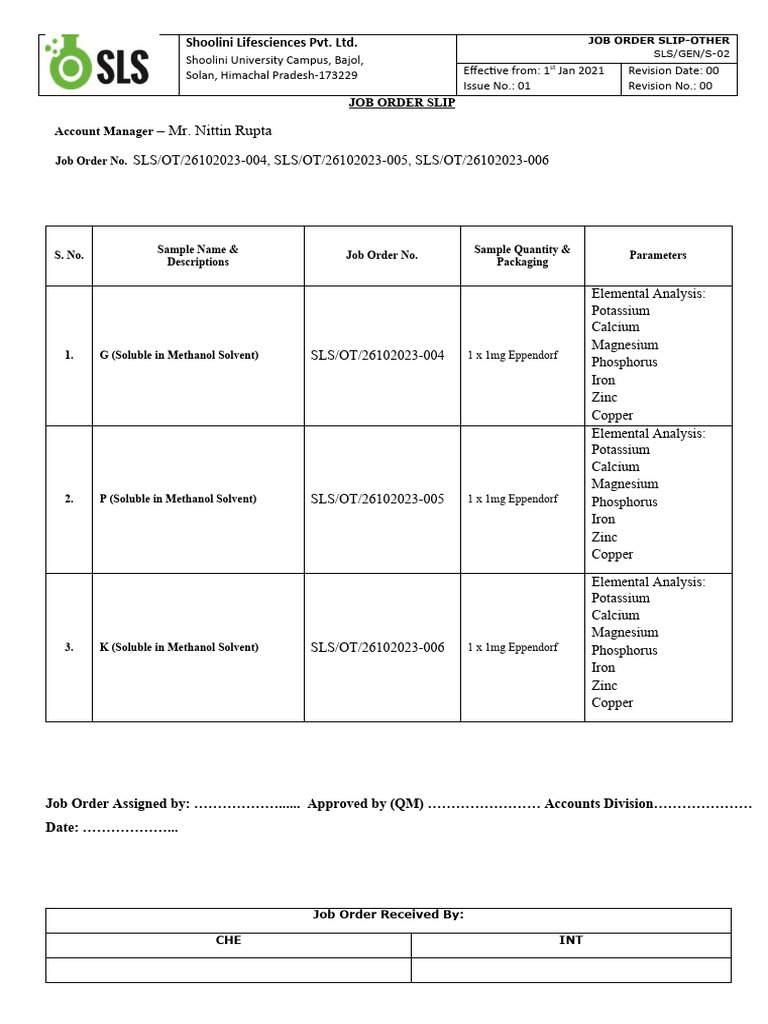 Manisha Joshi 26102023 JOB ORDER SLIP | PDF | Atoms | Essential Nutrients