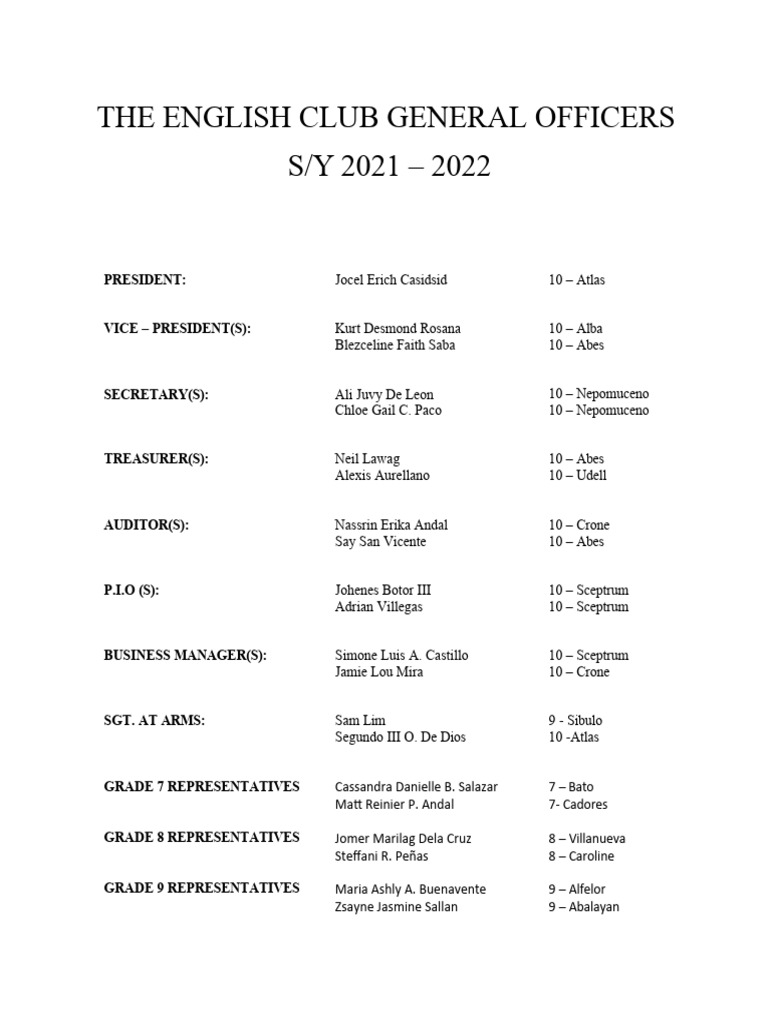English Club Officers 2021-2022 | PDF
