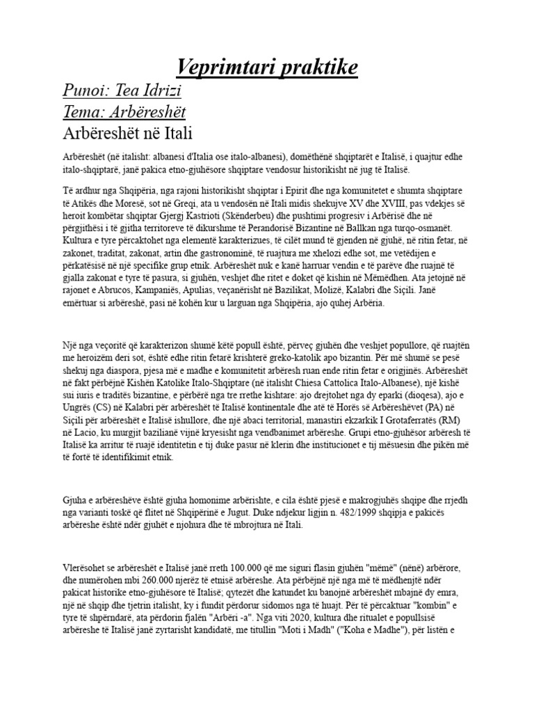 Veprimtari Praktike: Punoi: Tea Idrizi Tema: Arbëreshët | PDF
