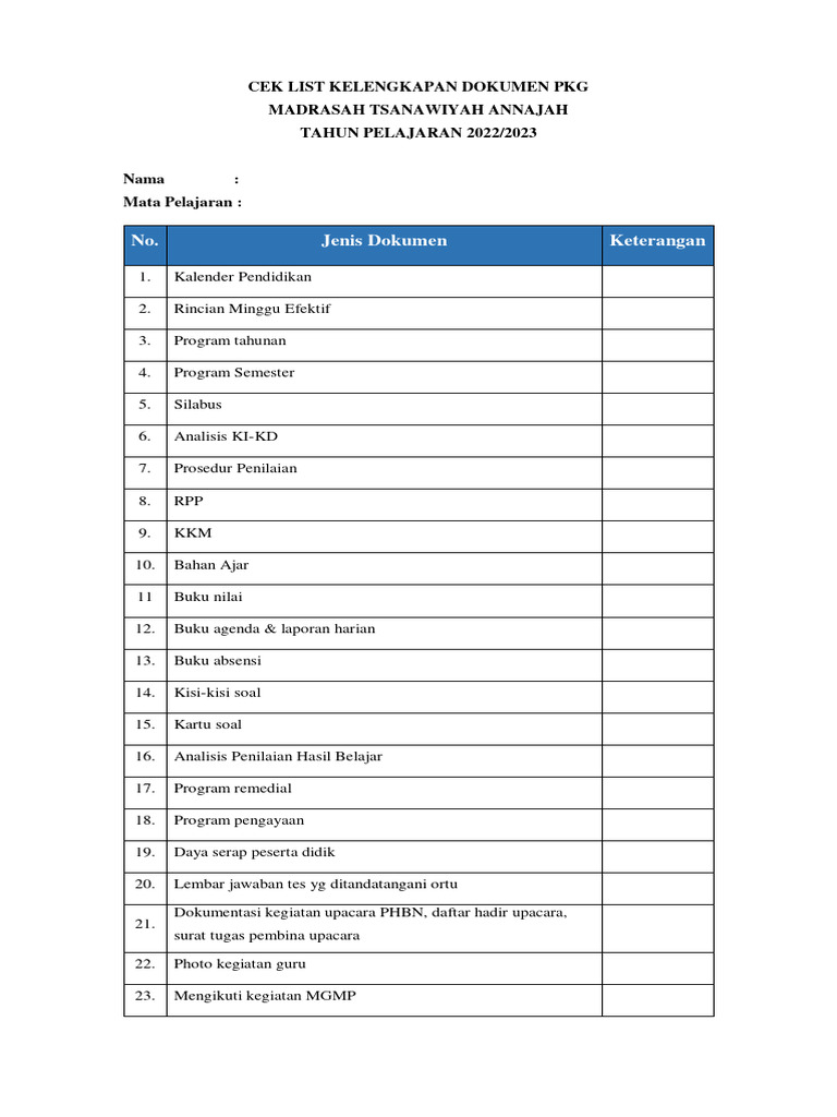 Checklist Administrasi Guru | PDF