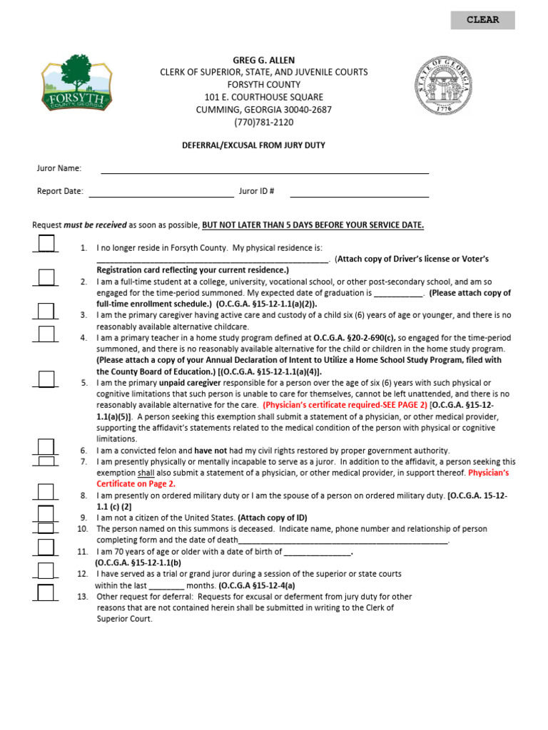 Forsyth County Jury Duty Exemption Form | PDF | Affidavit | Justice