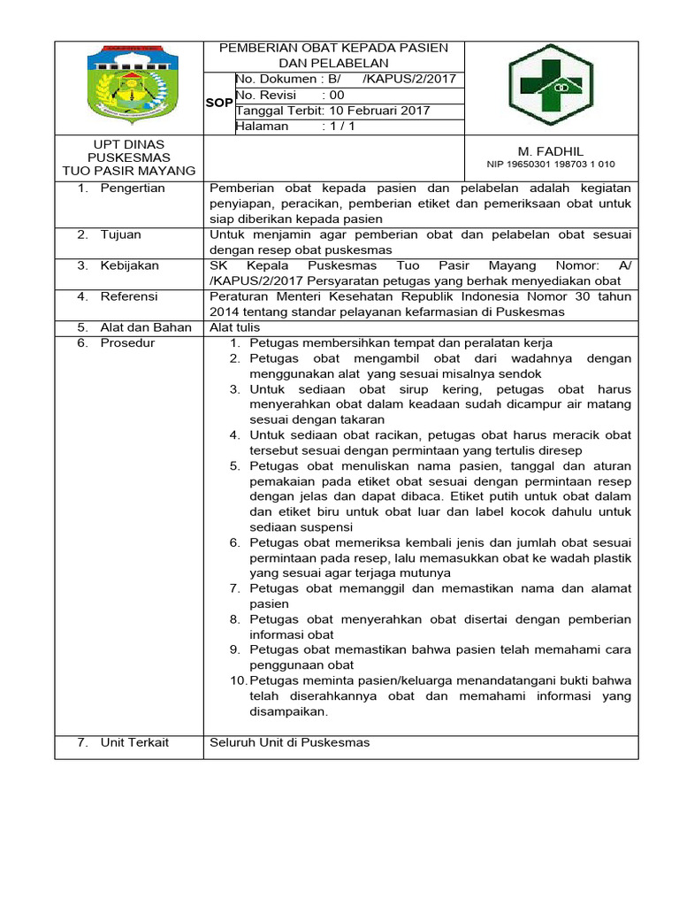 SOP Pemberian Obat Kepada Pasien Dan Pelabelan | PDF | Sains & Matematika