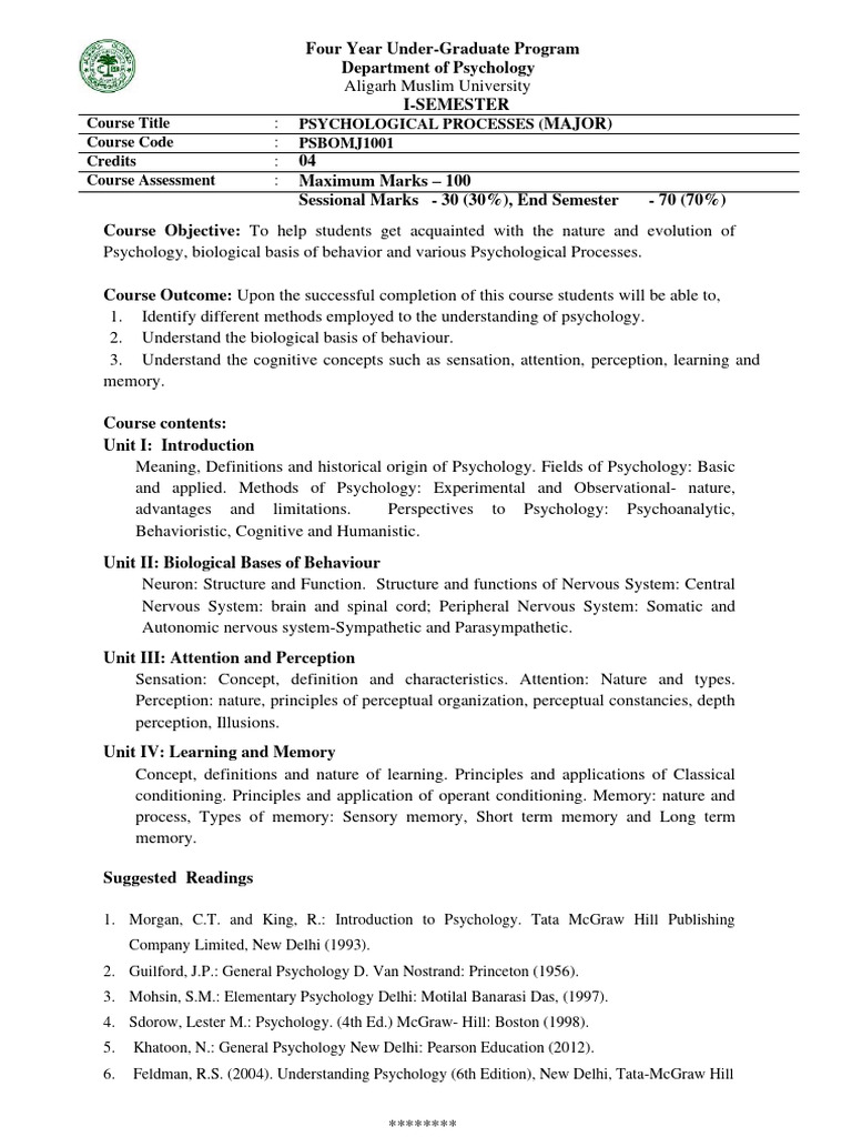 Psychology Syllabus | PDF | Nervous System | Psychology