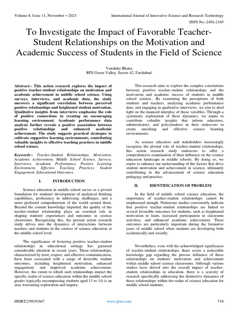 To Investigate The Impact of Favorable Teacher - Student Relationships ...