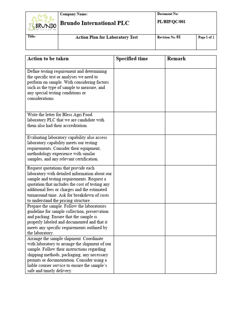 Laboratory Test Action Plan | PDF | Laboratories | Sampling (Statistics)