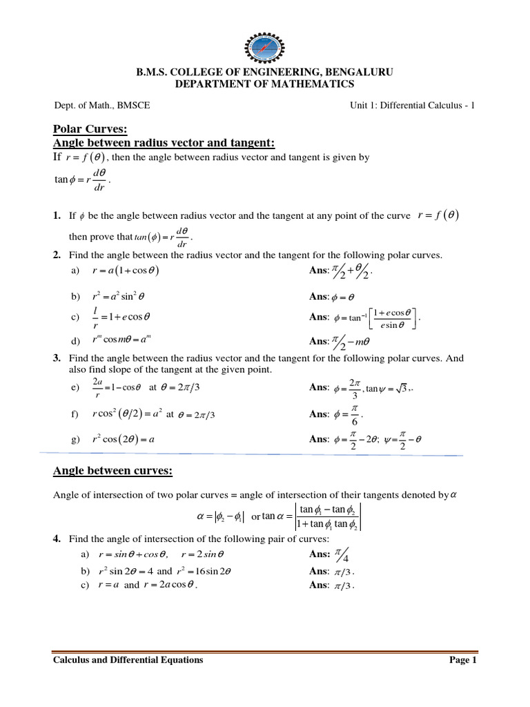 UNIT - 1 Differential Calculus 1 (21MA1BSCDE) 2021-22 | PDF | Tangent | Curvature