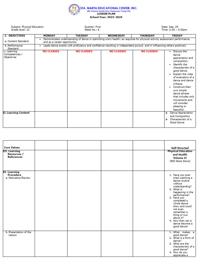 Lesson-Plan P.E 12 - Week 6 | PDF | Lesson Plan | Human Communication