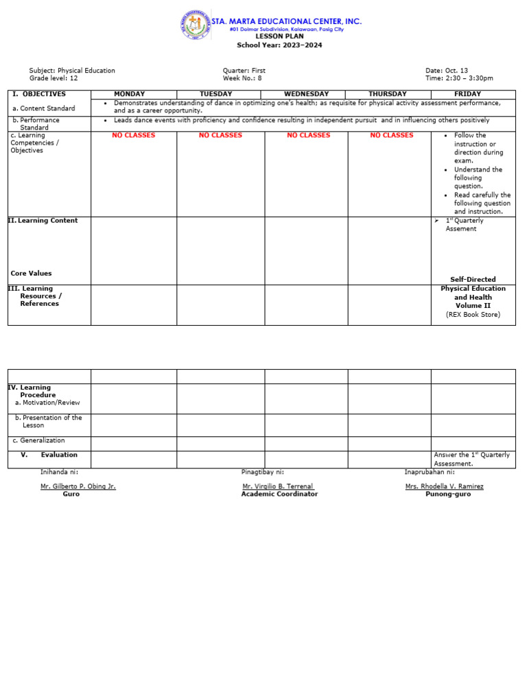 Lesson-Plan P.E 12 - Week 8 | PDF | Lesson Plan | Learning