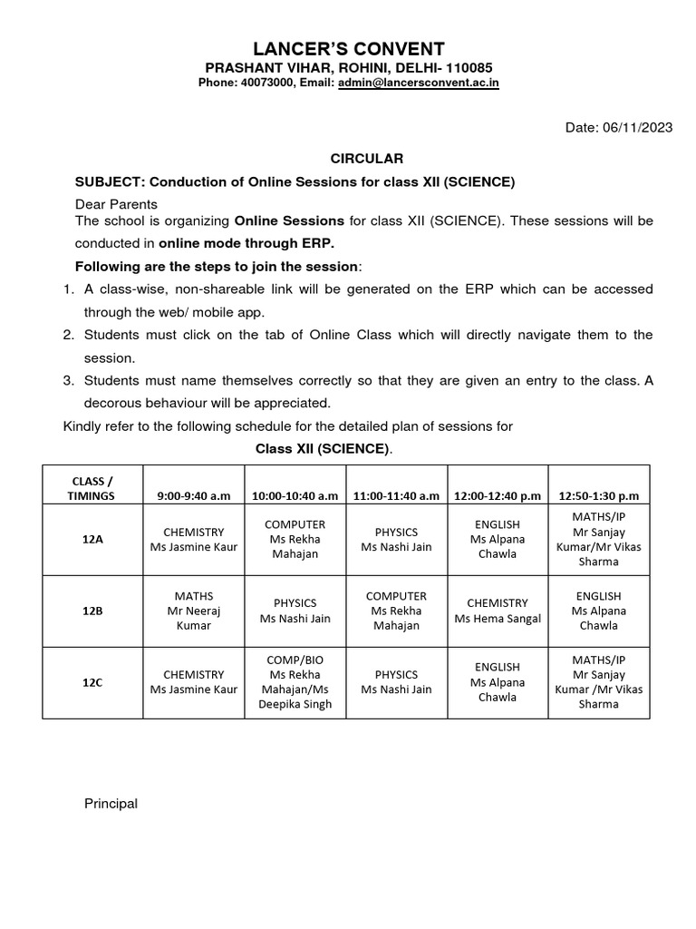 Online Class Schedule - Class Xii (Science) | PDF