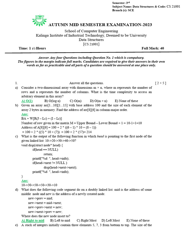Cs 21001 Ds Cs Mid Oct 2023 Pdf Queue Abstract Data Type Pointer Computer Programming