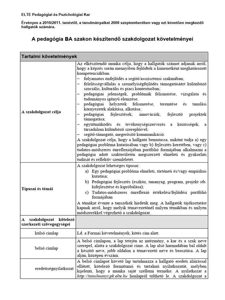 Szakdolg - Kovetelmeny - Pedagogia - Ba - 101005 ELTE | PDF