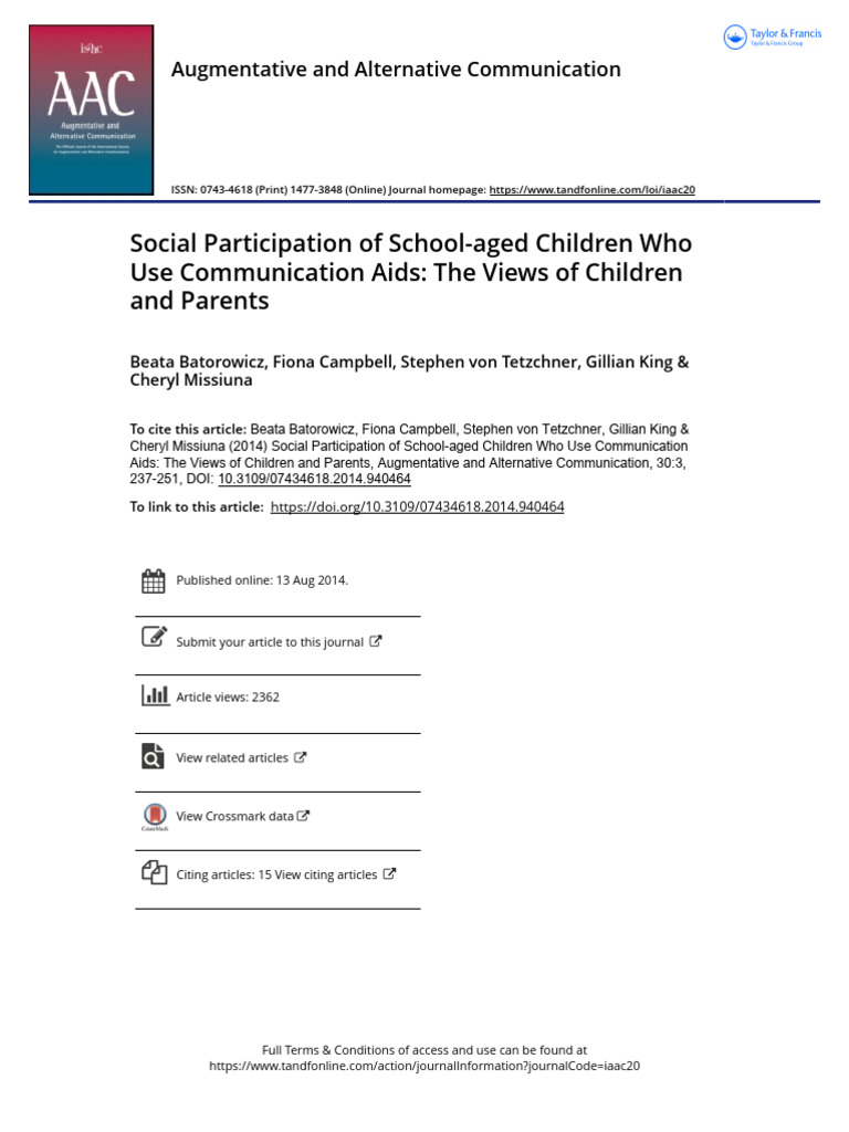 Social Participation of School Aged Children Who Use Communication Aids ...