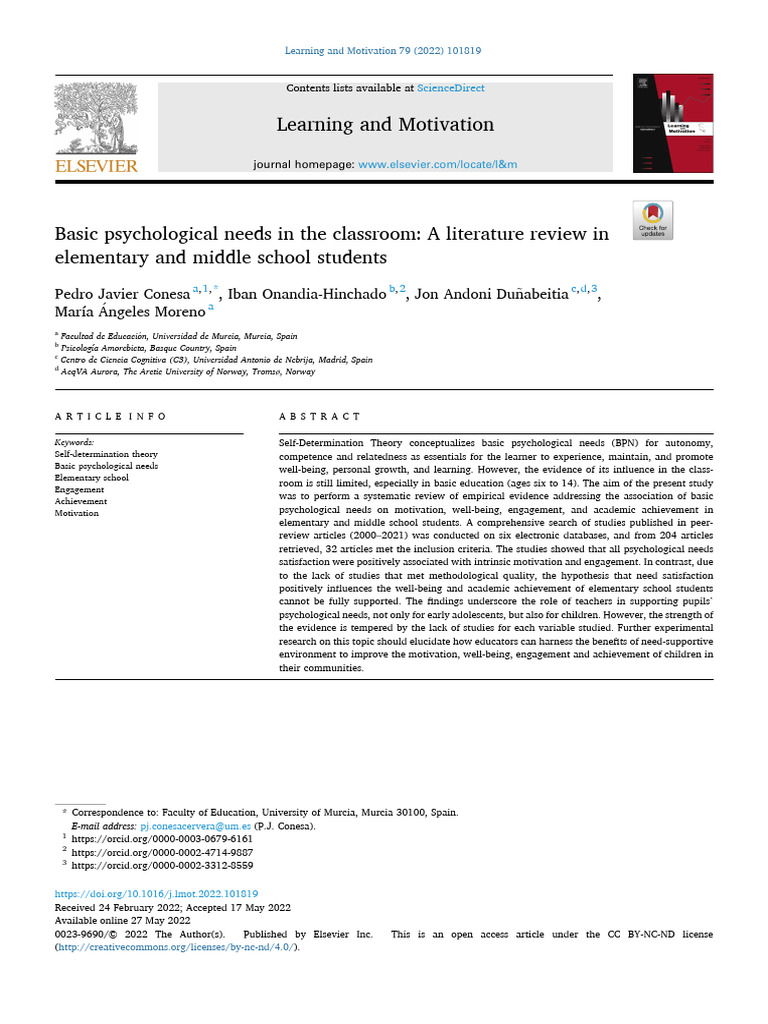 Basic Psychological Needs in The Classroom | PDF | Motivational ...