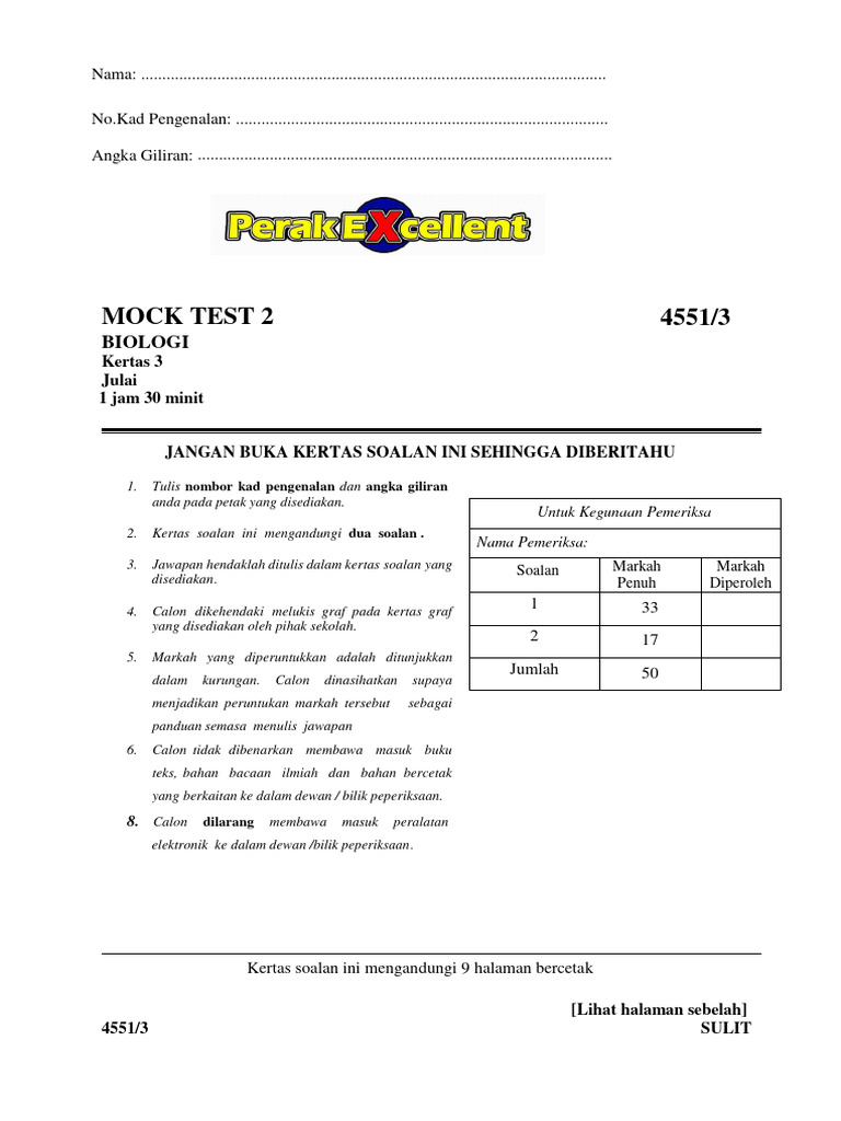 2015 SPM Trial Paper Biology (Paper 3) Perak | PDF