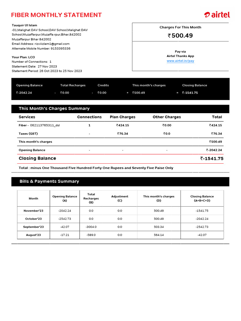 Fiber Monthly Statement: This Month's Charges Summary | PDF | Payments ...