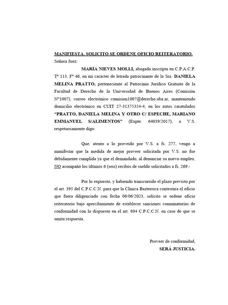 Solicita Oficio Reiteratorio. Manifiesta. - PRATTO | PDF