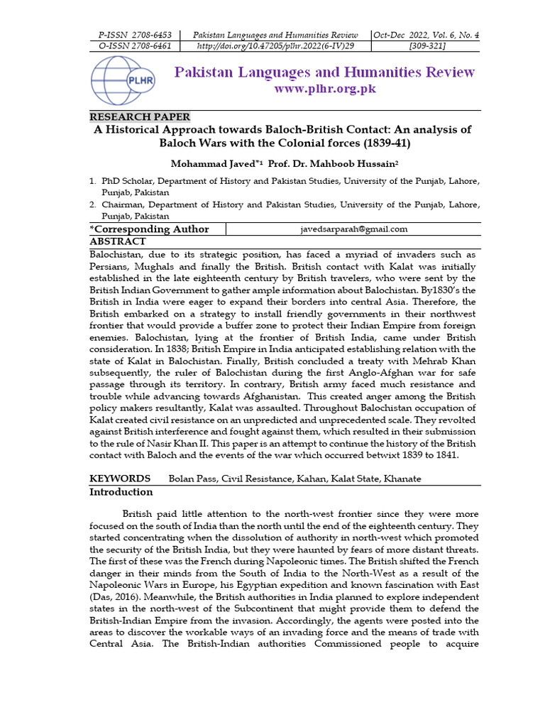A Historical Approach Towards Baloch-British Contact: An Analysis of ...