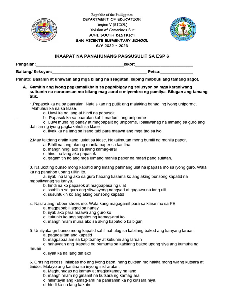 Ikaapat Na Panahunang Pagsusulit Sa Esp 6: Department of Education | PDF