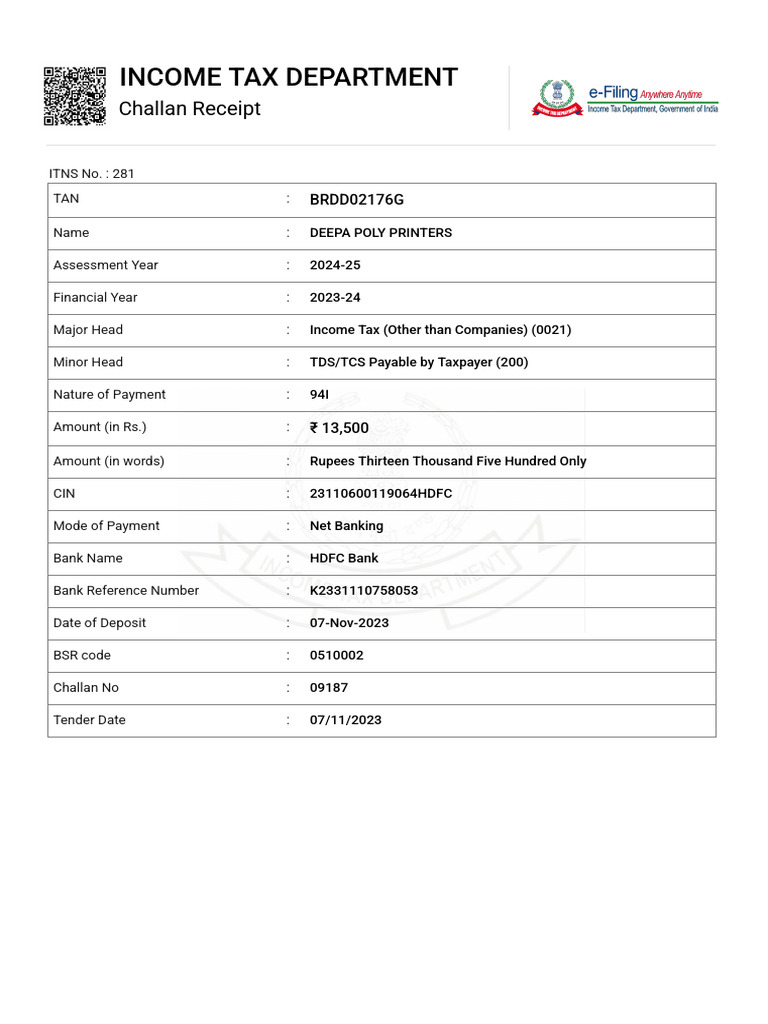 23110600119064HDFC ChallanReceipt | PDF | Taxes | Personal Finance
