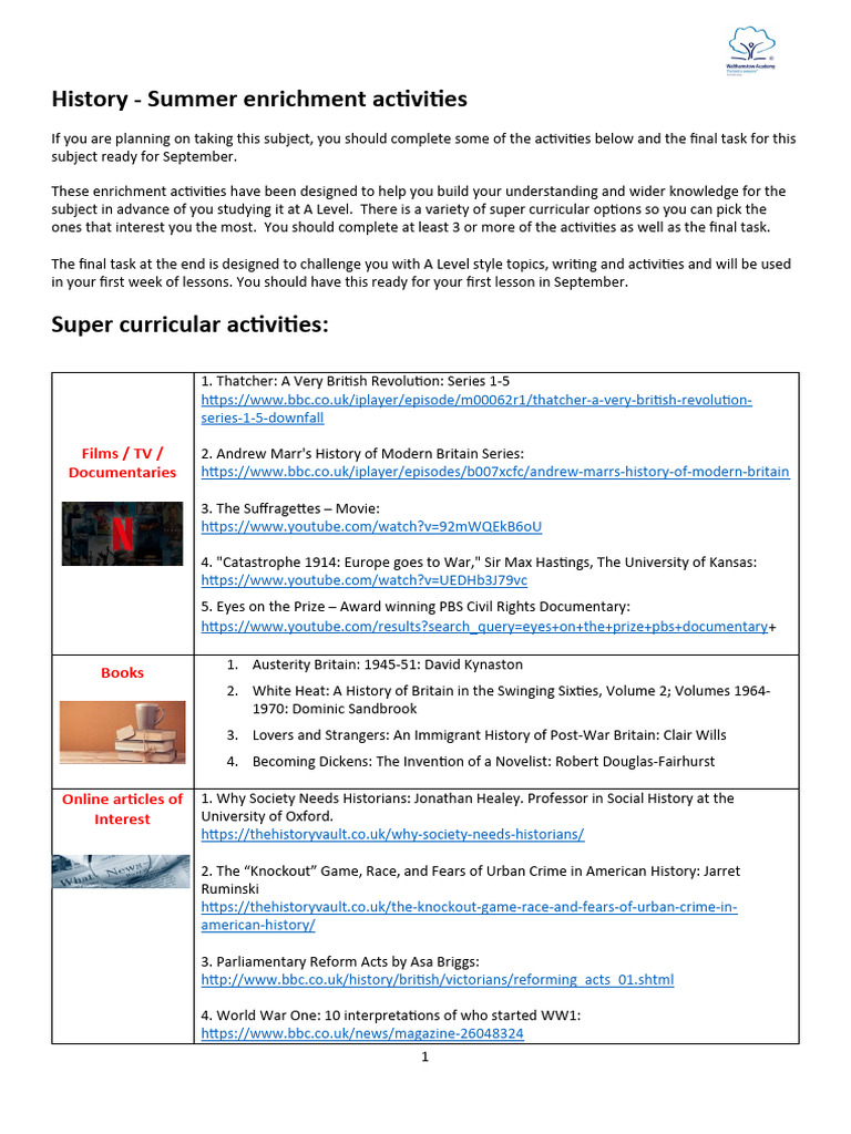 A Level History Sixth Form Summer Enrichment Activities - VPA | PDF
