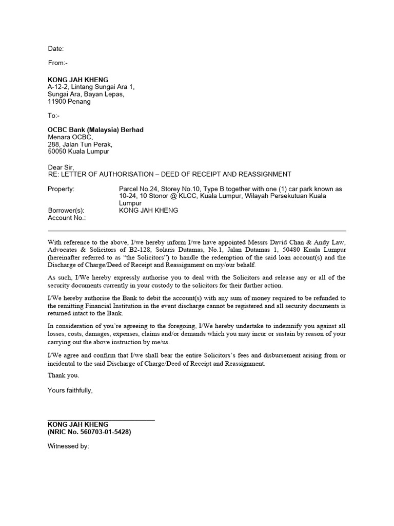 Letter of Authorisation For Deed of Receipt and Reassignment | PDF